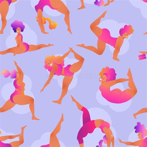 Plus Size Curvy Lady Doing Yoga Class Seamless Pattern Vector