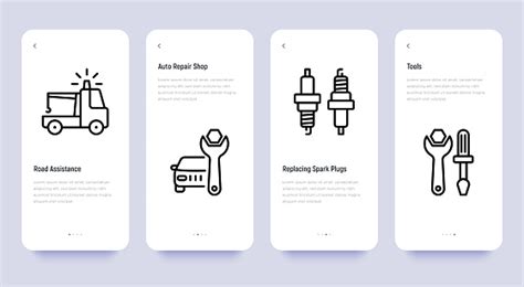 자동차 수리점 도로 지원 도구 스파크 플러그 교체 얇은 라인 아이콘과 자동차 서비스 모바일 사용자 인터페이스 픽셀 완벽 편집 가능한 스트로크 벡터 그림입니다 공구상자에 대한