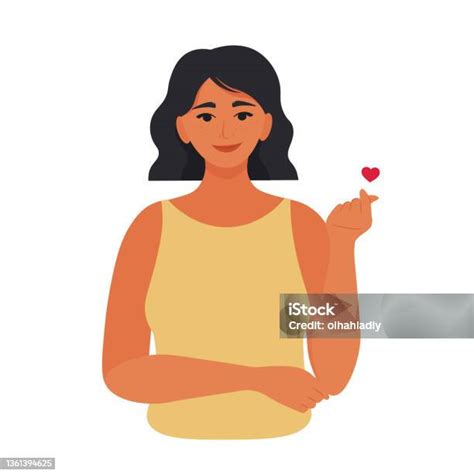 한국사랑 기호 손가락으로 하트 모양을 보여주는 여자 자기 관리 공유 사랑을주고 발렌타인 데이u2019s 의 날 플랫 스타일의 벡터 일러스트레이션 여자에 대한 스톡 벡터 아트