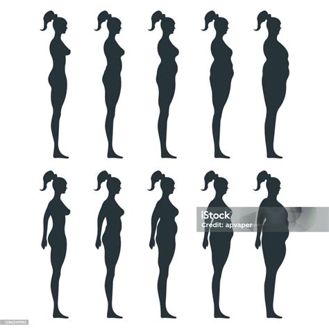 블랙 뷰 사이드 바디 실루엣 지방 여분의 무게 여성 해부학 인간의 캐릭터 흰색 평면 벡터 일러스트에 고립 된 사람들 더미 건강에