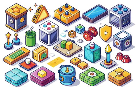 Colorful Isometric Game Assets Including Various Objects Buttons And Ui Elements Premium Ai