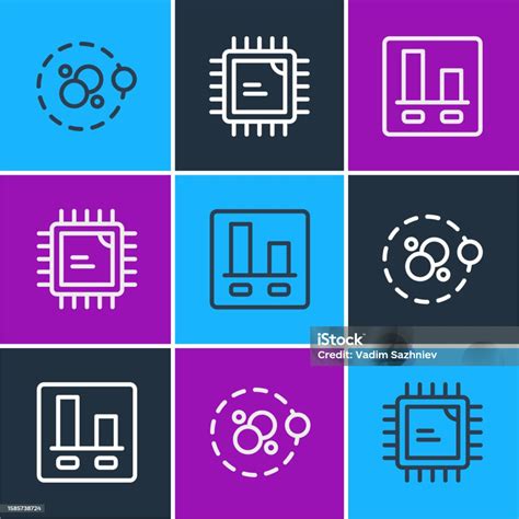 Set Line Atom Graph Chart Infographic And Processor Cpu Icon Vector