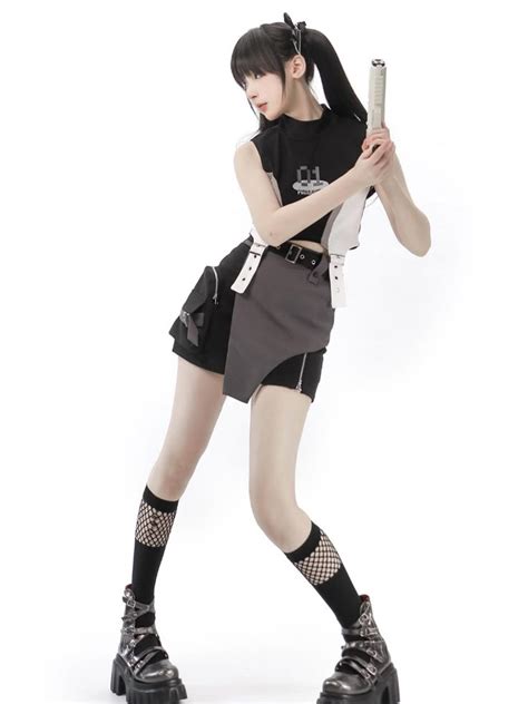 Black And White Cyberpunk Techwear Tank Top Model Poses Poses Pose