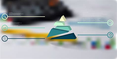 3d 그림 인포 그래픽 템플릿입니다 엠보싱 삼각형은 무작위로 5 개의 색상 부분으로 나뉩니다 물체가 흐린 사진에 배치 됩니다