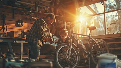 Premium Photo Father And Son Fixing A Bicycle Together In A Home Garage