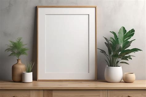 아름다운 3d 렌더링과 함께 나무 캐비 ⁇ 에 Mockup 사진 빈 프레임 프리미엄 사진