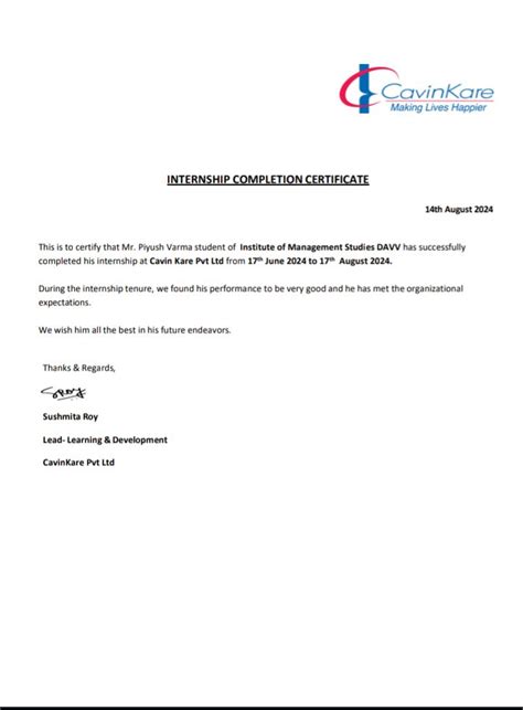 Completed An Amazing Internship At Cavinkare Piyush Verma Posted On The Topic Linkedin