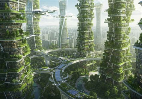 Futuristic Eco City With Vertical Gardens And Flying Cars In A Lush
