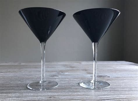 Vintage Large Martini Glasses Black Dark Glass Long Stem Etsy