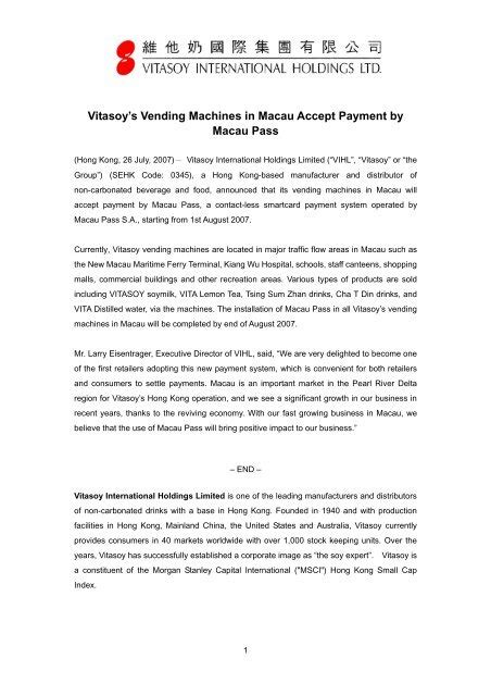 Vitasoys Vending Machines In Macau Accept Payment By Macau Pass