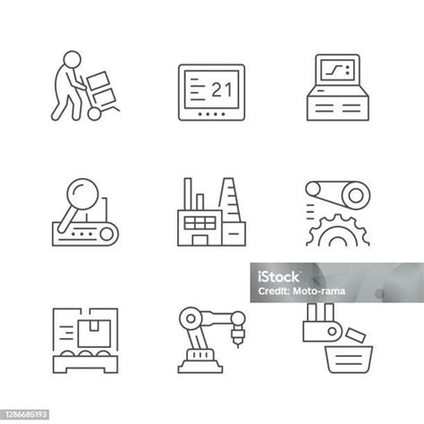 생산 공장의 라인 아이콘 설정 로봇에 대한 스톡 벡터 아트 및 기타 이미지 로봇 아이콘 창고 Istock