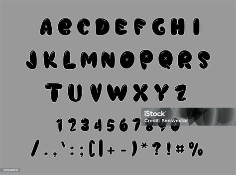 복고풍 검정 글꼴 문자와 숫자 특수 문자 서체 Y2k 거품 풍선 글자 입력 등의 벡터 격리 세트입니다 빈티지 낙서 광택 있는 숫자 기호 영어 알파벳 개체 그룹에 대한 스톡