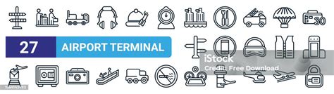 방향 포스트 공항 대기열 자동차 트롤리 점심 식사 금지 전화 큰 금고 비행 패널 수하물 보안 벡터 아이콘과 같은 27 개의 얇은
