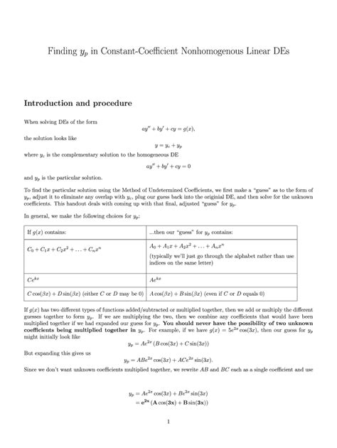 Finding Yp In Constant Coefficient Nonhomogenous Linear Des Fill Out