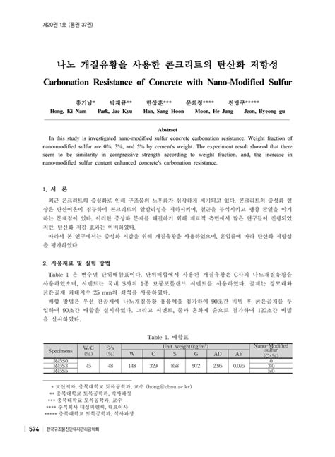 나노 개질유황을 사용한 콘크리트의 탄산화 저항성 Koreascholar