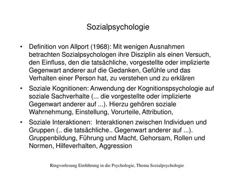 PPT Vorlesung Einführung in Psychologie Thema Sozialpsychologie