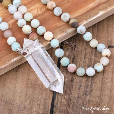 Natural Amazonite And Clear Quartz Crystal Necklace