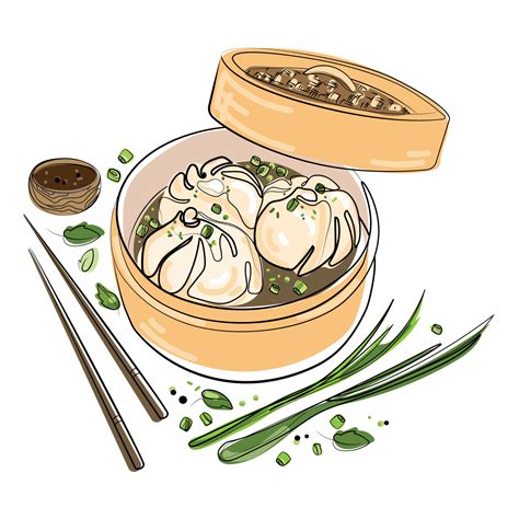 Chinese Dim Sum Dumplings In Wooden Steamer Vector Color Liner