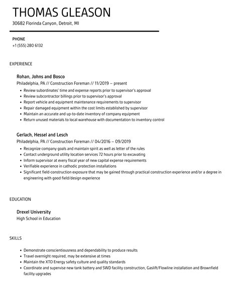 Construction Foreman Resume Samples Velvet Jobs