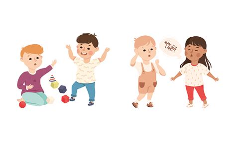 아이들의 나쁜 행동 세트 소녀들은 큰 소리로 맹세하고 소년들은 장난감 만화 벡터 일러스트레이션을 통해 싸우고 있습니다 감정에 대한 스톡 벡터 아트 및 기타 이미지 Istock