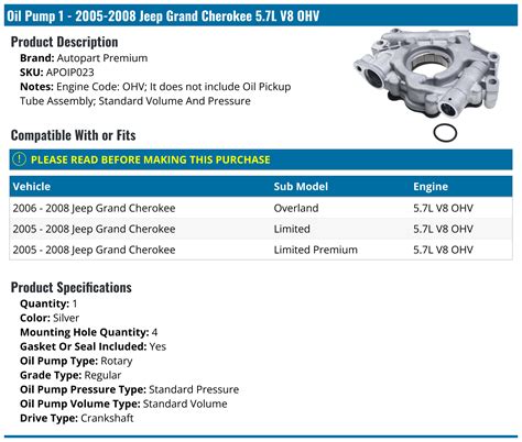 2005 2008 Jeep Grand Cherokee Oil Pump Autopart Premium Apoip023