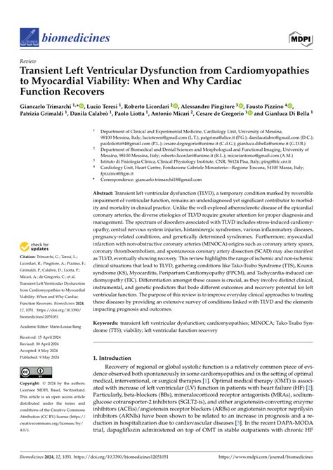 Pdf Transient Left Ventricular Dysfunction From Cardiomyopathies To