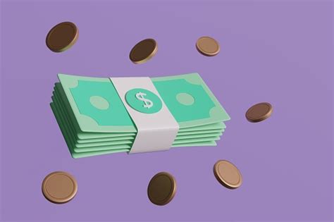저축 금융 목표 개념 보라색 배경에 현금과 떠 다니는 동전을 묶습니다 돈 절약 현금없는 사회를 묘사합니다 3d 일러스트레이션 0