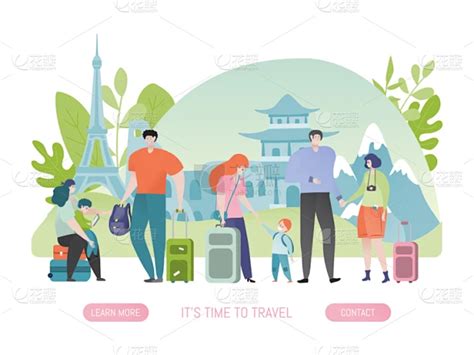 卡通手提箱绘画插图幸福旅途伴侣人家庭旅行者旅游素材 花瓣网