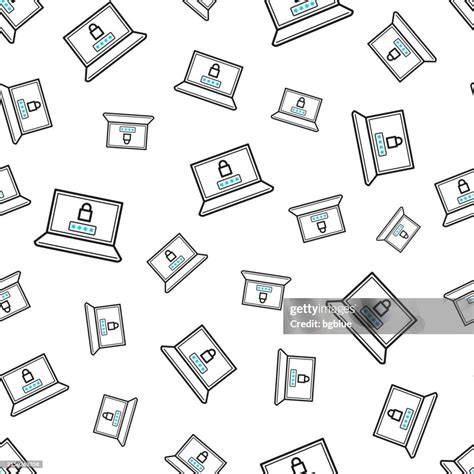 Laptop With Password Seamless Pattern Line Icons On White Background High Res Vector Graphic