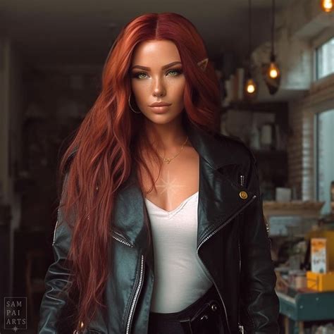 A Woman With Long Red Hair Wearing A Black Leather Jacket