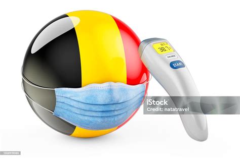 의료 용 마스크와 적외선 전자 온도계와 벨기에 플래그 벨기에 개념의 전염병 흰색 배경에 격리 된 3d 렌더링 0명에 대한 스톡