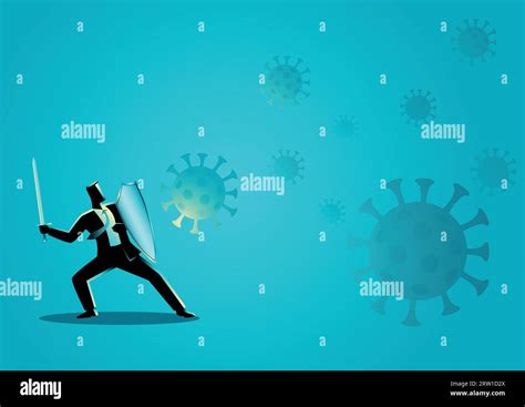 Vector Illustration Of Businessman Using Shield And Sword Protecting