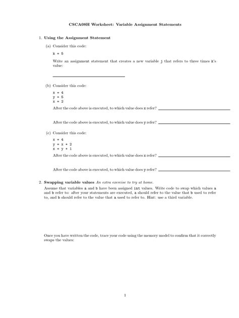 4 Variables Assignment Worksheet Pdf