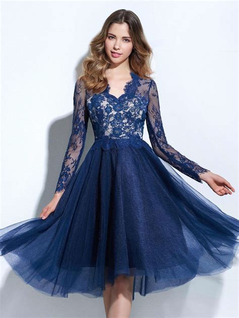Elegant Long Sleeve Lace Sheer Back Knee Length Cocktail Dress