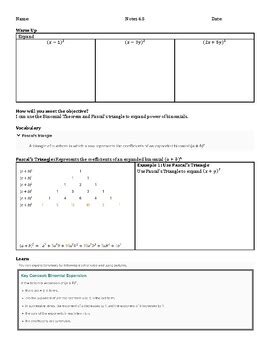 Guided Notes Lesson 4 5 Power Of Binomials By Mr Kanes Counting Corner