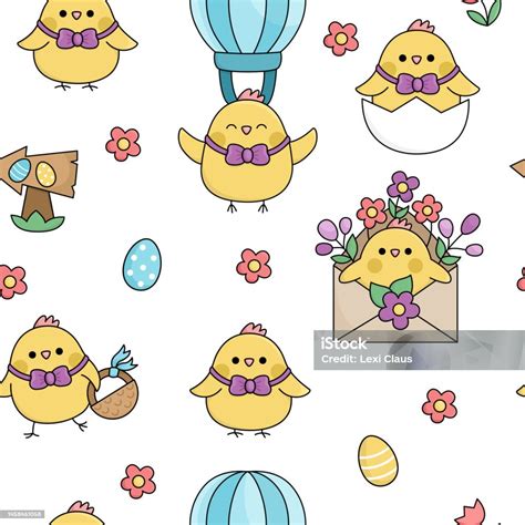 벡터 Kawaii 부활절 완벽 한 패턴은 재미 있는 병아리와 아이 들을 위한 완벽 한 패턴입니다 귀여운 만화 반복 배경 전통적인 기호 디지털 종이에는 색깔의 계란 새