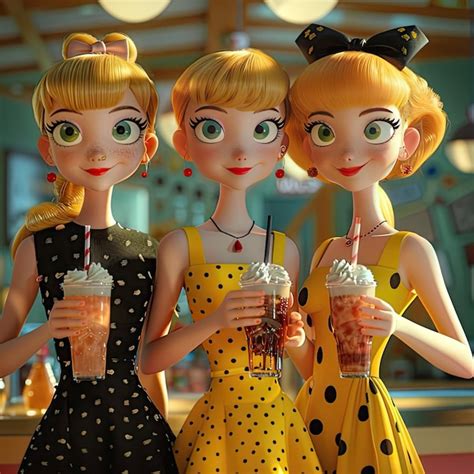 Hermosas Chicas Pin Up En Formato De Dibujos Animados 3d Bebiendo Un