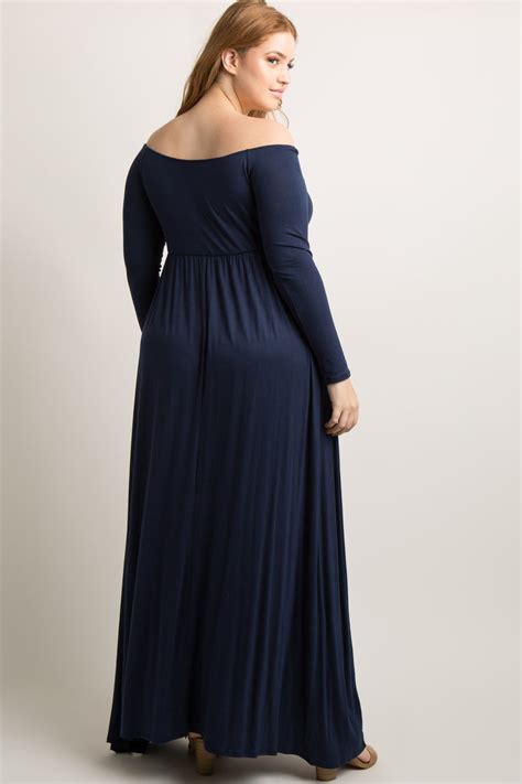 Pinkblush Navy Blue Solid Off Shoulder Plus Maxi Dress