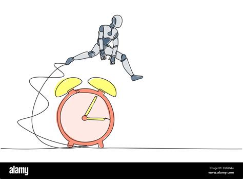 Continuous One Line Drawing Robot Jump Over Alarm Clock Business