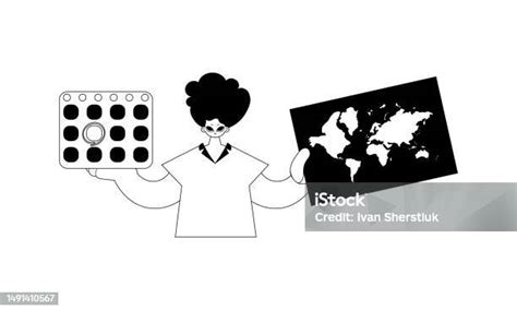 그 사람은 세계 차트와 달력을 들고 있습니다 관광 과목 희미하고 하얀 선의 장인 정신 트렌디한 스타일 벡터 일러스트레이션 1월에