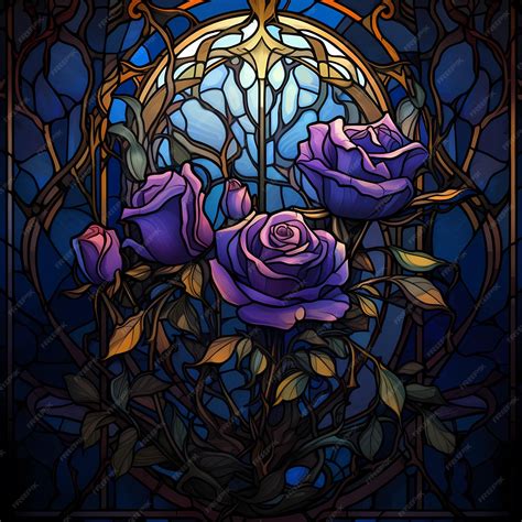 Premium Photo Stained Glass Window With Purple Roses And Leaves