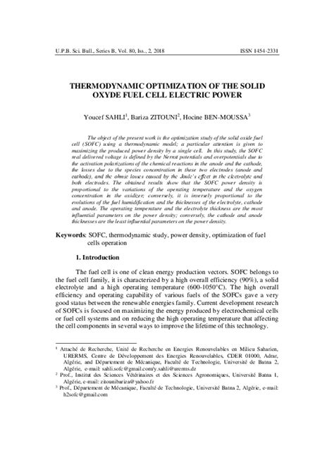 Pdf Thermodynamic Optimization Of The Solid Oxyde Fuel Cell Electric