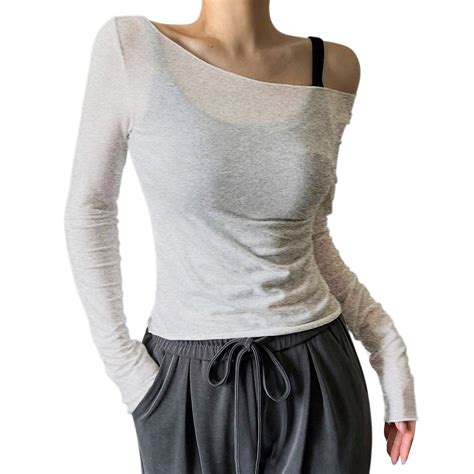Puliio Womens Shirts Sheer Mesh Off The Shoulder Long Sleeve See