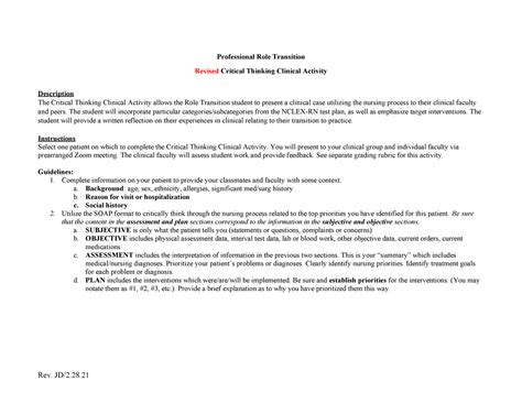 Critical Thinking Activity Template Professional Role Transition Revised Critical Thinking