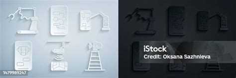 무선 제어 Cctv 보안 카메라 산업용 기계 로봇 로봇 팔 손 봇 안테나 알고리즘 및 공장 아이콘을 설정합니다 벡터 3차원 형태에 대한 스톡 벡터 아트 및 기타 이미지