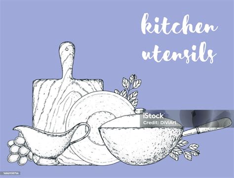 주방 용품의 구성 주방용품 벡터 그림입니다 주방 용품은 손으로 그린 스케치입니다 접시 도마 스튜 냄비 스튜 냄비에 대한 스톡 벡터 아트 및 기타 이미지 Istock