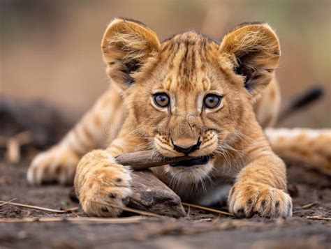 Playful Lion Cub Chewing On A Stick Stock Image Image Of Ground Wild