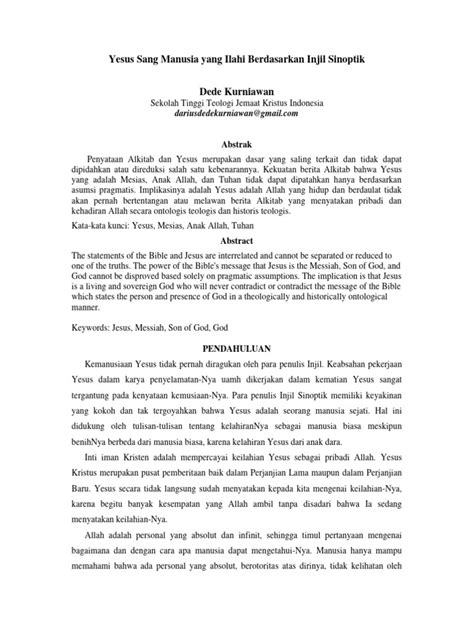Yesus Sang Manusia Yang Ilahi Berdasarkan Injil Sinoptik Pdf