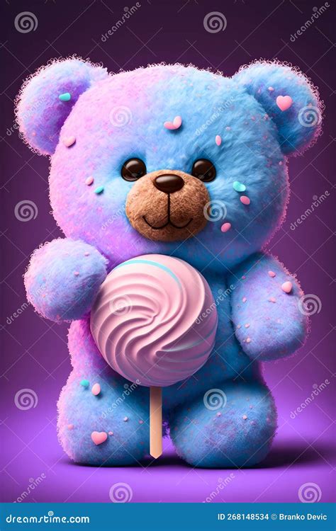 Cute Purple Teddy Bear Holding A Sweet Pink Lollipop Stock Illustration