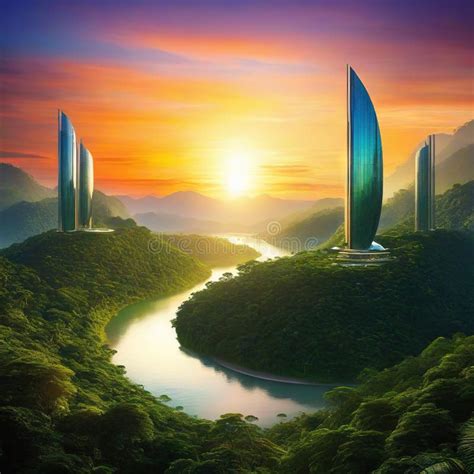 Science Fiction Futuristic Sunset Over The Modern Organic Architecture Exotic Fantasy Fictional